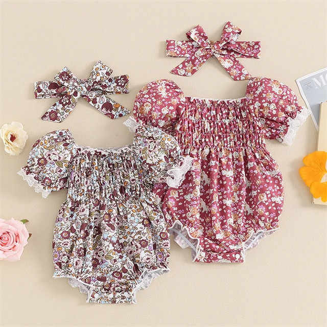 1 Pcs Custom Tag Floral Polyester Romper Summer Newborn Infant Toddler ...
