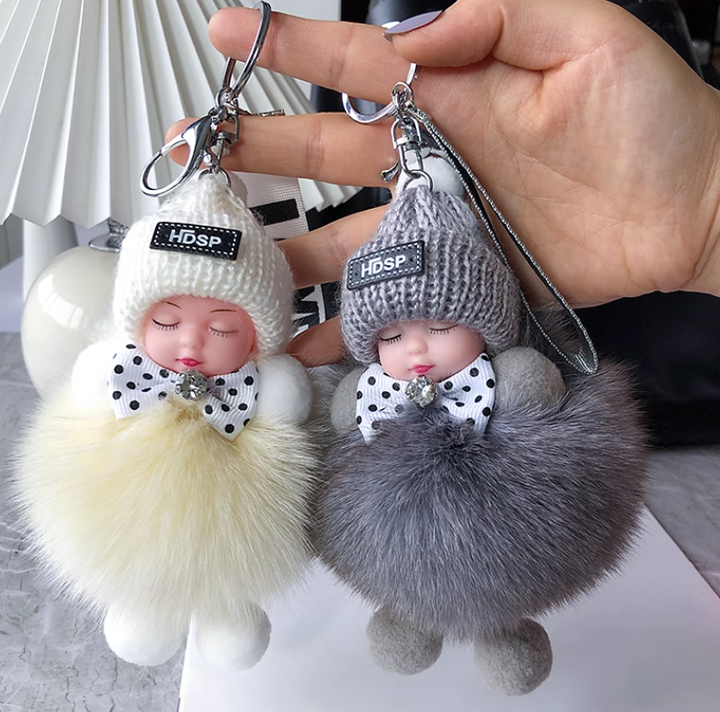 Sweet Cute Sleeping Baby Doll Keychain Pom Pom Rabbit Fur