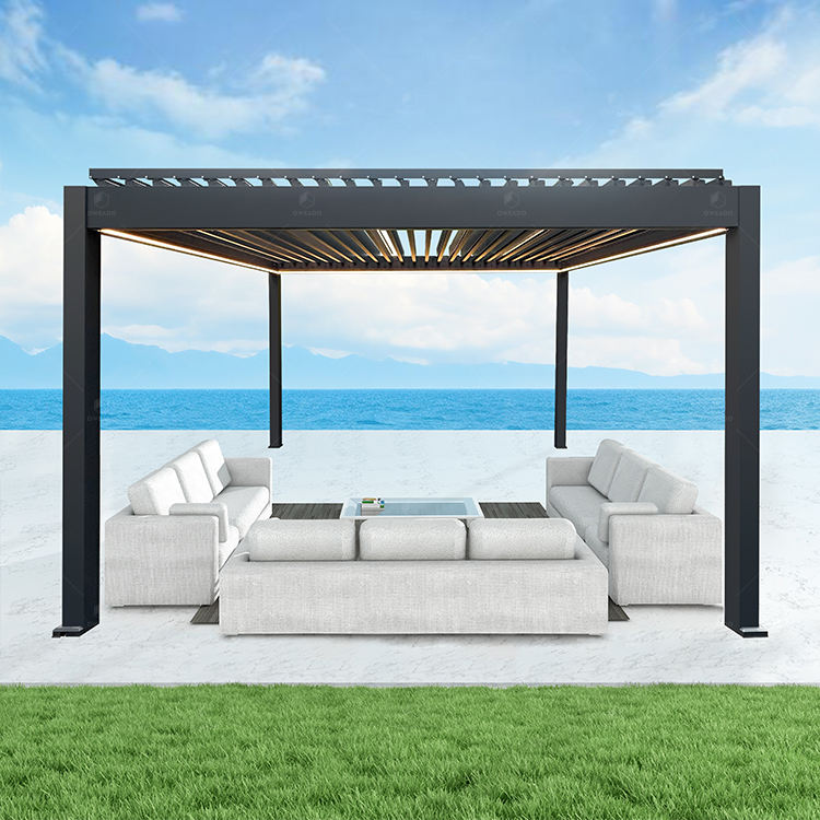 Gray Luxury Motorized Aluminum Pergola Modern Louver Roof Waterproof ...