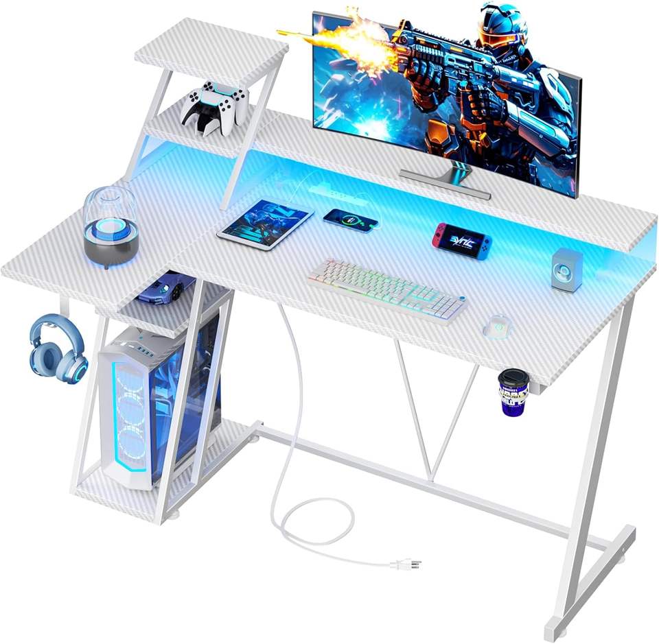 47"Storage Shelf Gaming Desk with LED Lights & Power Outlet, L Shaped ...