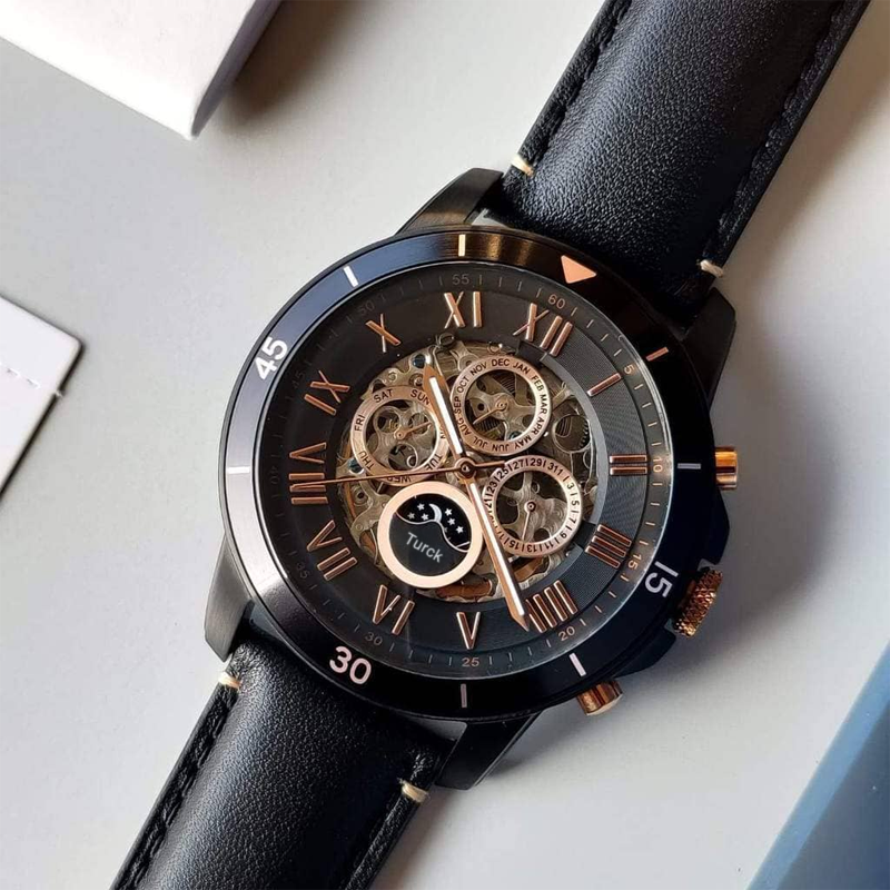 Black Leather Automatic Fashion Watch Month Display Week Display Date ...