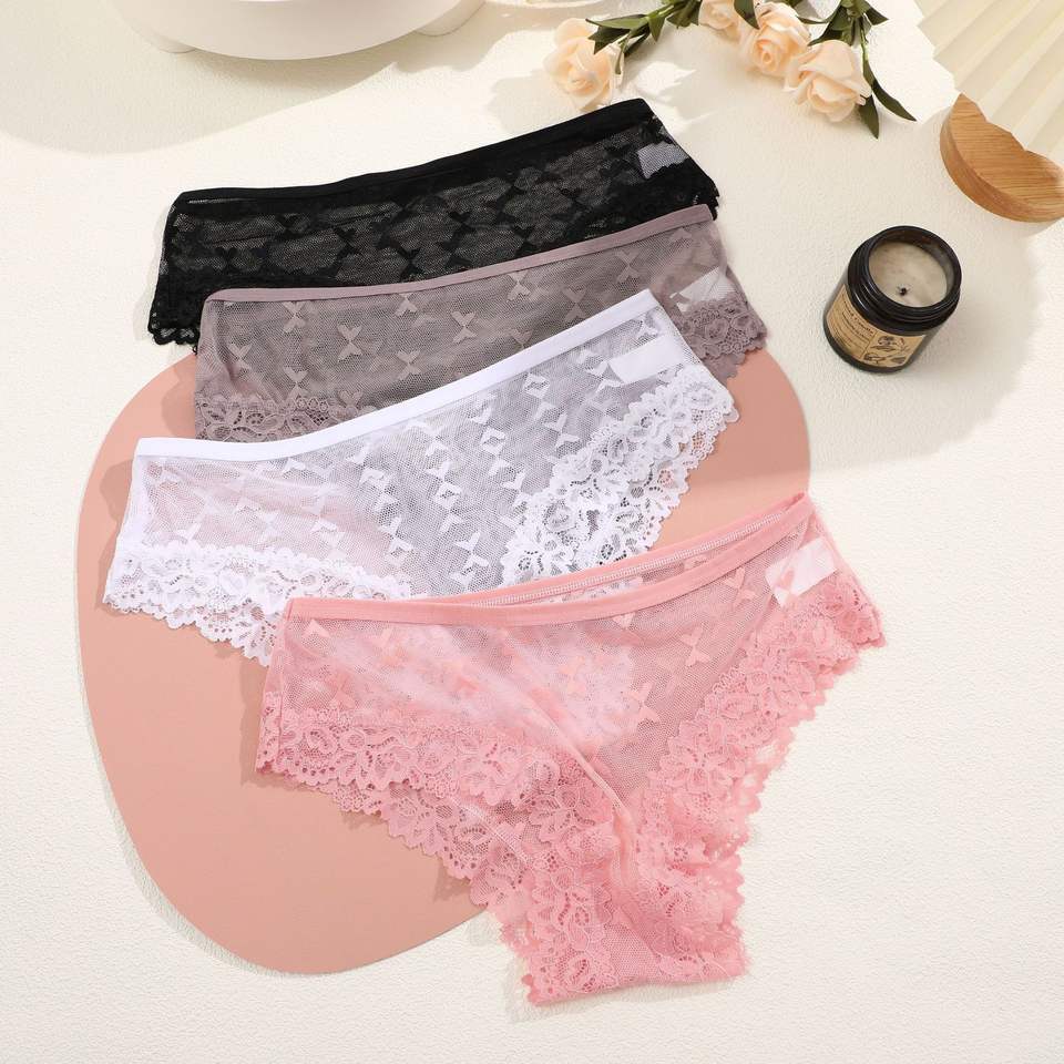 Mid-Rise Women's Bikini Lace Panties Bow Decor Half Back Coverage ...