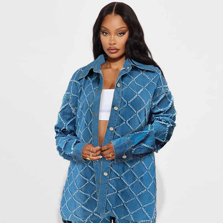 Y218571 Trendy 2 Piece Denim Sets for Women Long Sleeve Tassel Grid ...