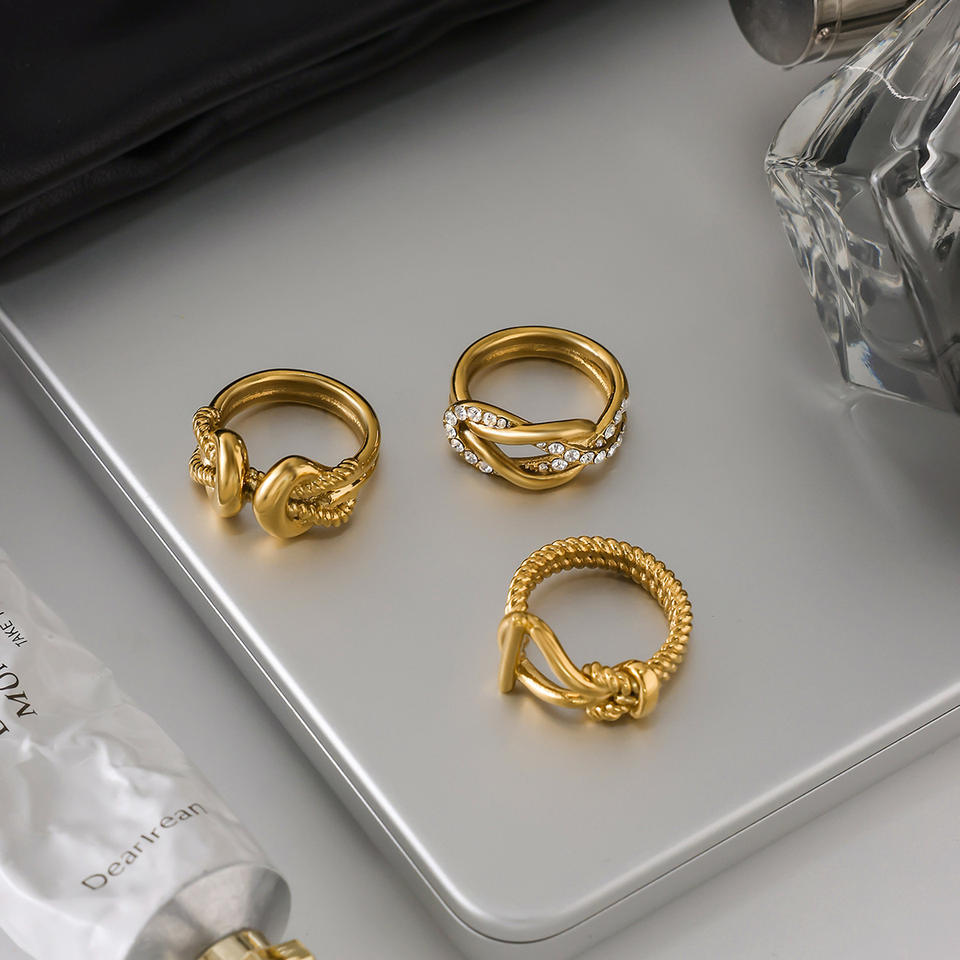 Designer 18K Gold Plated Stainless Steel Knot Design Ring with Zircon ...