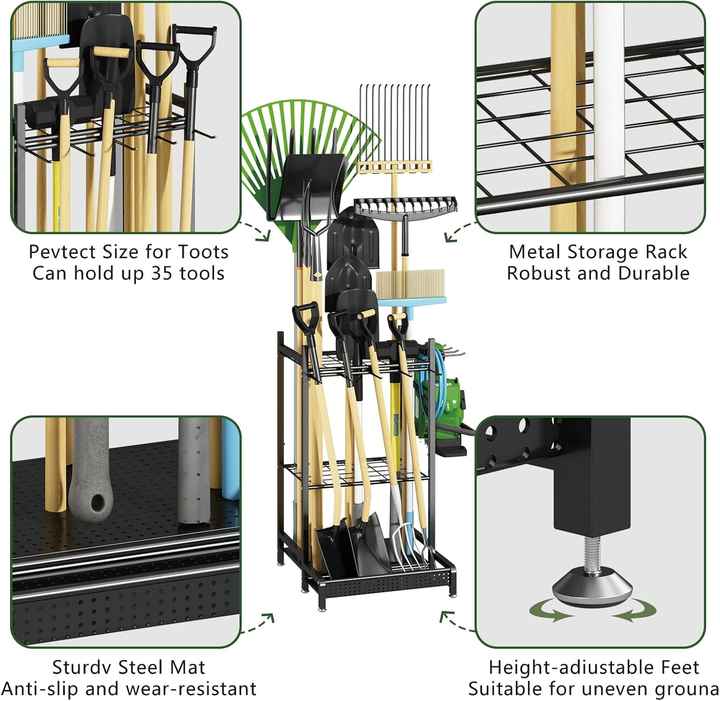 Garden Tool Organizer for Garage Utility Storage Racks with Hooks Metal ...