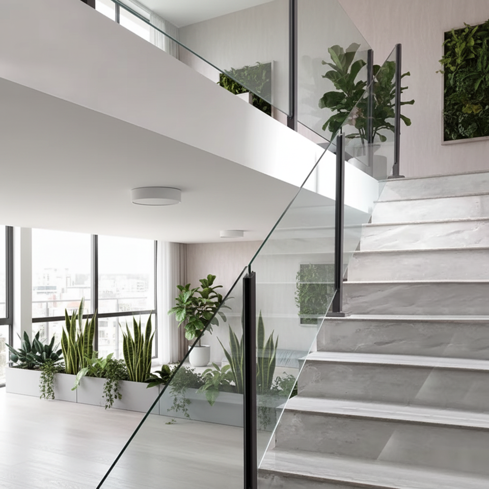Modern 12mm Tempered Glass Stair Railing - Galvanized Steel Post ...