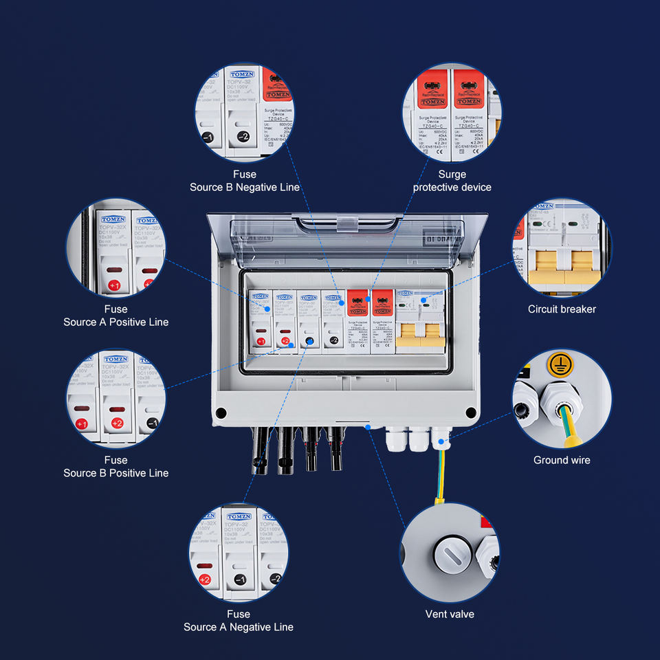 TOMZN Solar Photovoltaic PV Combiner Box Lightning Protection 2 Input 1 ...