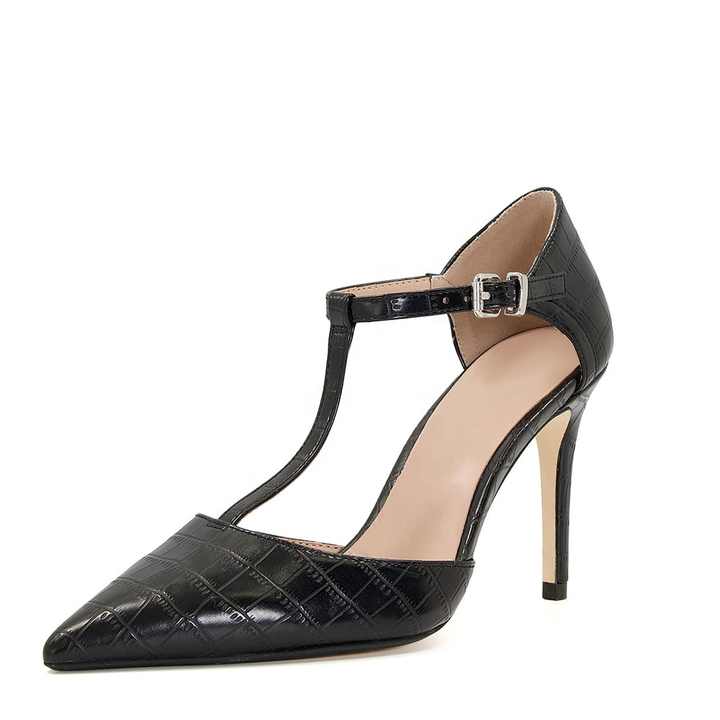 Nude Pointy Toe T-Bar Heels - Classic Crocodile Embossed Pumps