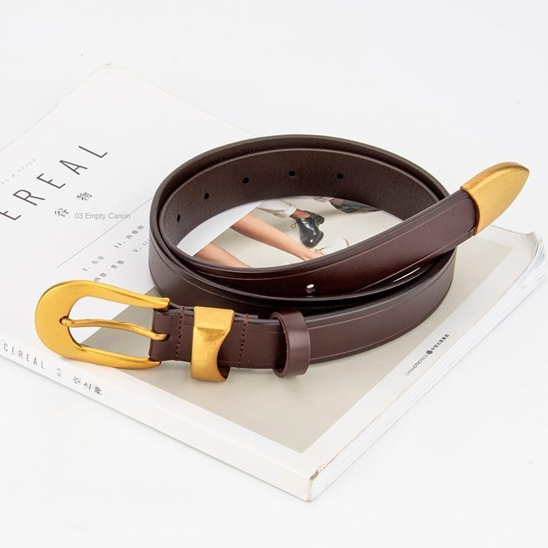 Simple Vintage Gold Button Alloy Buckle Leather Belt Women's Top Layer ...