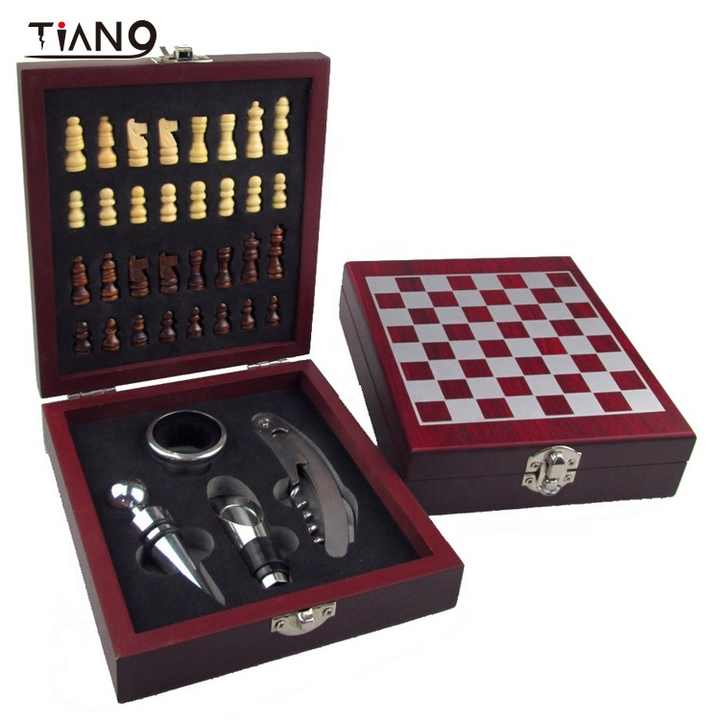 Chess Set Wine Gift Set - Elegant Wooden Box Accessories