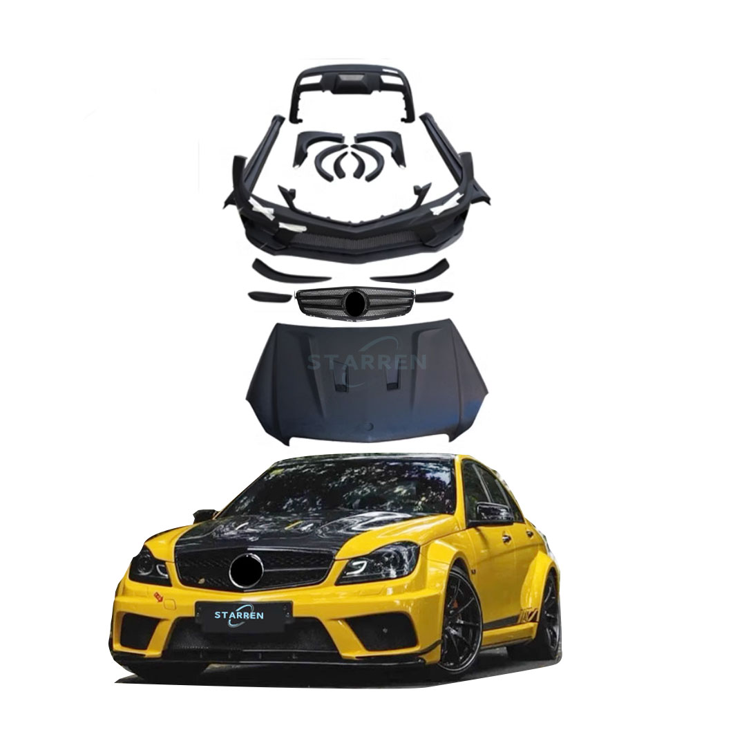 2008 2013 C Class W204 C63 AMG Upgrade Wide Front and rear bumpers Side skirts Hood Fender Wide Body Kit for Mercedes Benz