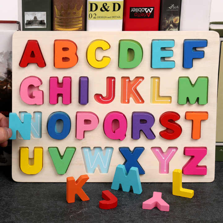 Wooden ABC Alphabet Number Shape Puzzle Board Kids Montessori 3D ...
