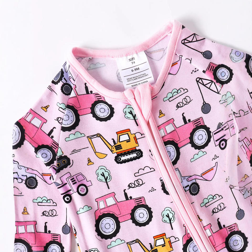 Baby Jumpsuit Bamboo Fiber Unisex Pastel Pink Excavator Construction ...
