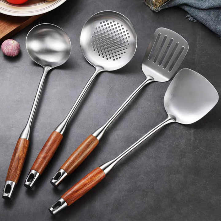 Wooden Handle Frying Spatula Tongue Spoon Stainless Steel Bbq Meat Fork ...