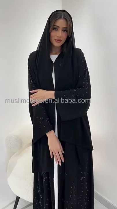 Elegant Black Beaded Embroidered Open Abaya with Hijab- Luxury Women's ...
