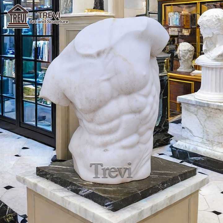 Hand Carved Natural Stone Statue - White Marble Male Torso