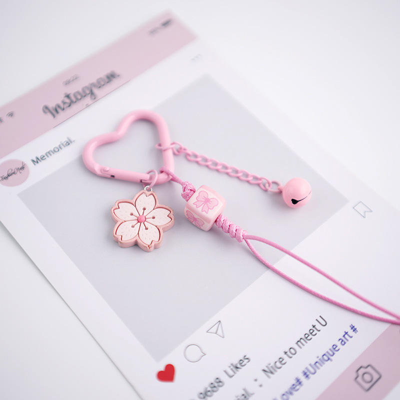 Sweet Pink Cherry Blossom Braided Rope Keychain Bag Pendant Student ...