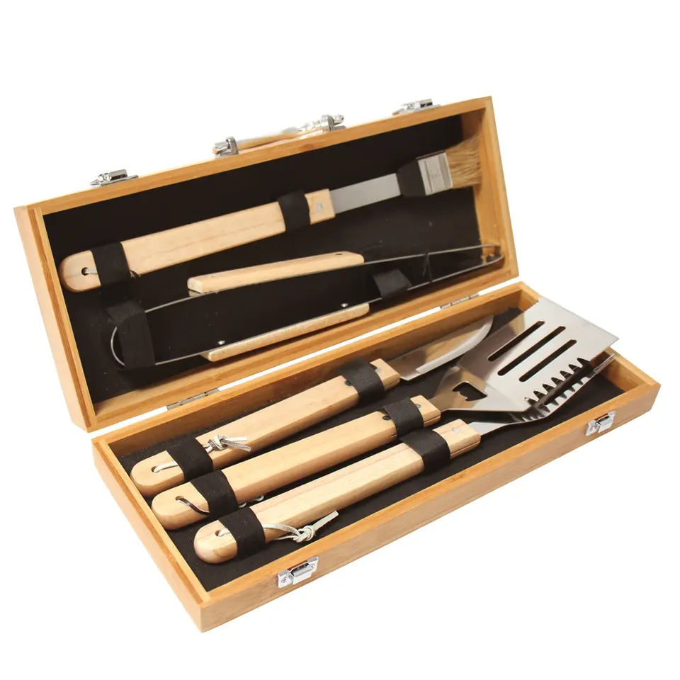 New Kit Stainless-steel Kit Barbecue Grill Utensil Tools Wooden Bamboo ...
