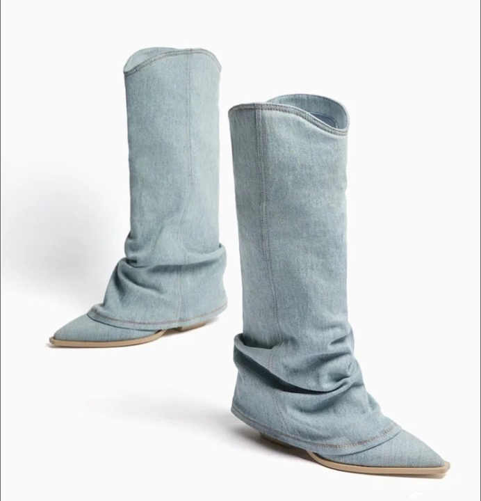 Blue Denim Wide Calf Slip-on Chelsea Boots For Women