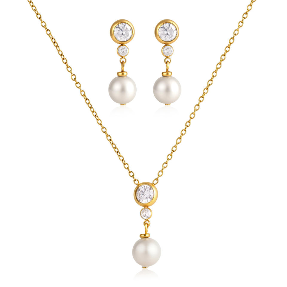 Custom Jewelry Stainless Steel Zircon Pearl Necklace and Earrings Set ...