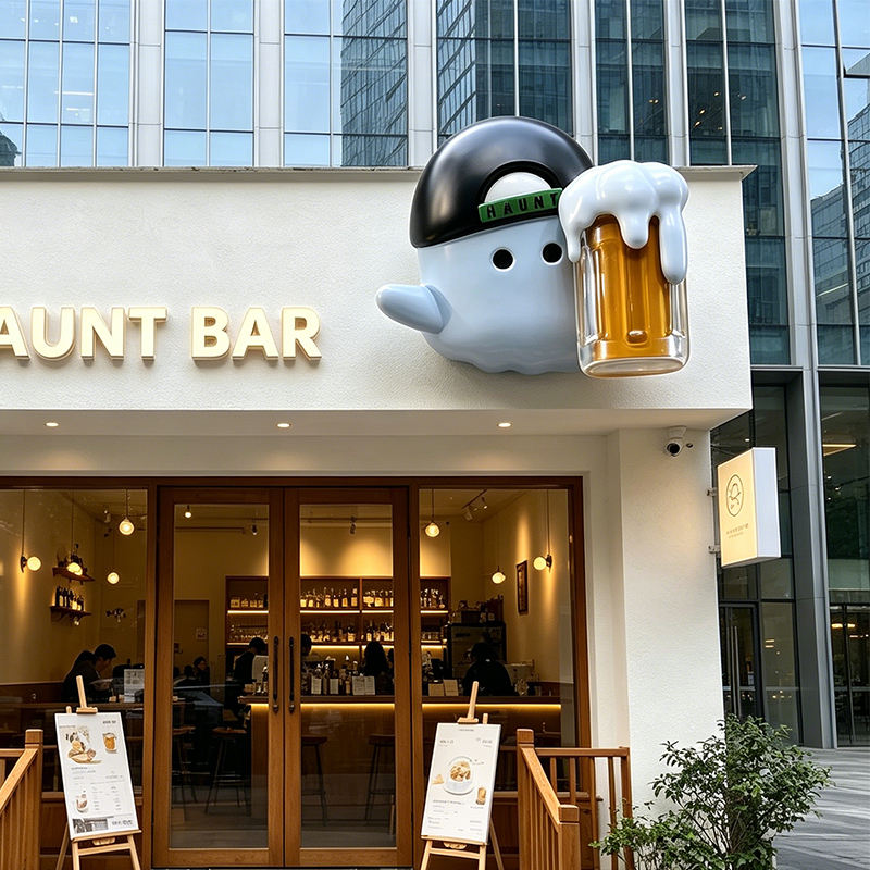 Custom OEM Cute Ghost Holding Beer 3D Resin Wall Sculpture Outdoor ...