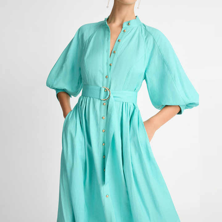Linen Functional Side Pocket Dress Sky Blue Soft Linen Fabric Dress for ...