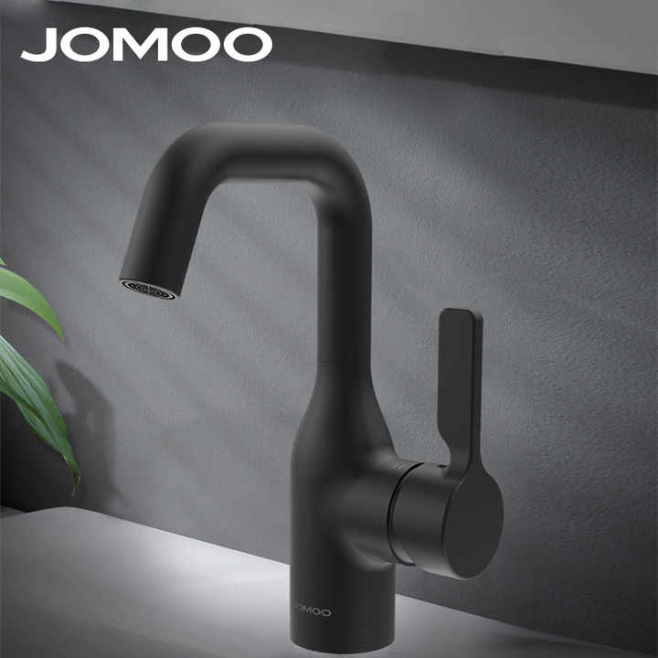 JOMOO Deck Mounted Brass Single Handle Matte Black Bathroom Sink Tap Hot and Cold Water Vanity ...