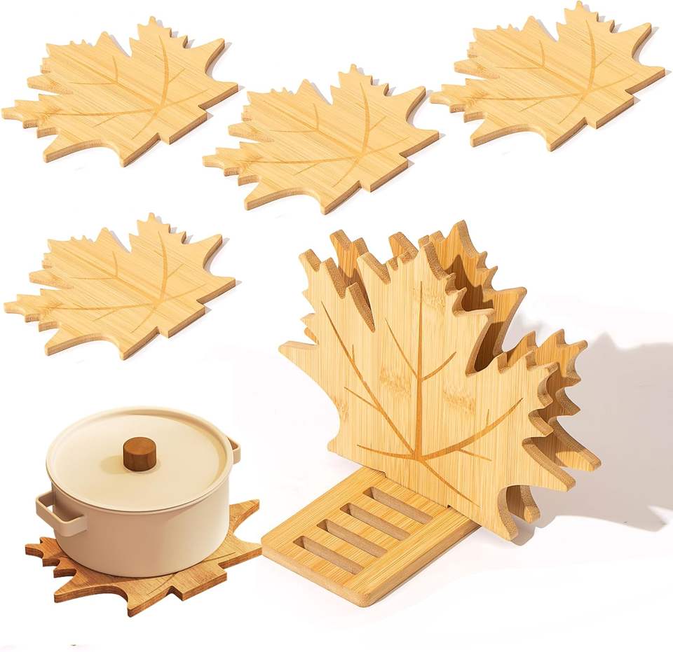 Maple Leaf Design Bamboo Trivets for Hot Dishes Large Non-Slip Heat ...