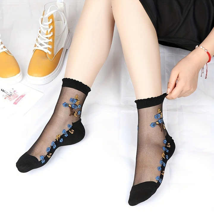 5 Pairs Mesh Floral Print Mid Tube Socks Crystal Glass Short Thin Socks ...