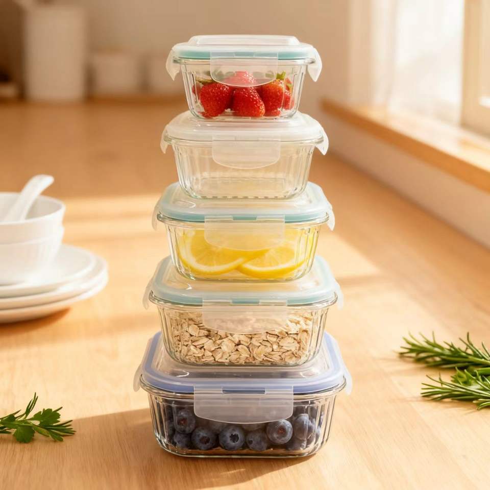 Vertical Striped Glass Storage Container with Plastic Cap for Meal ...