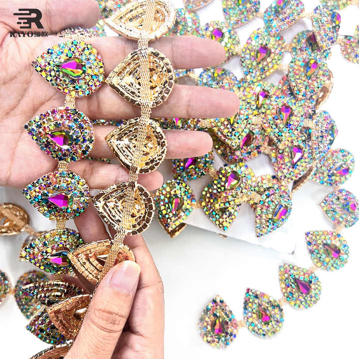 Customized Luxury 3D Drop Shape Glass Rhinestone Chain Trimming Sew-On ...