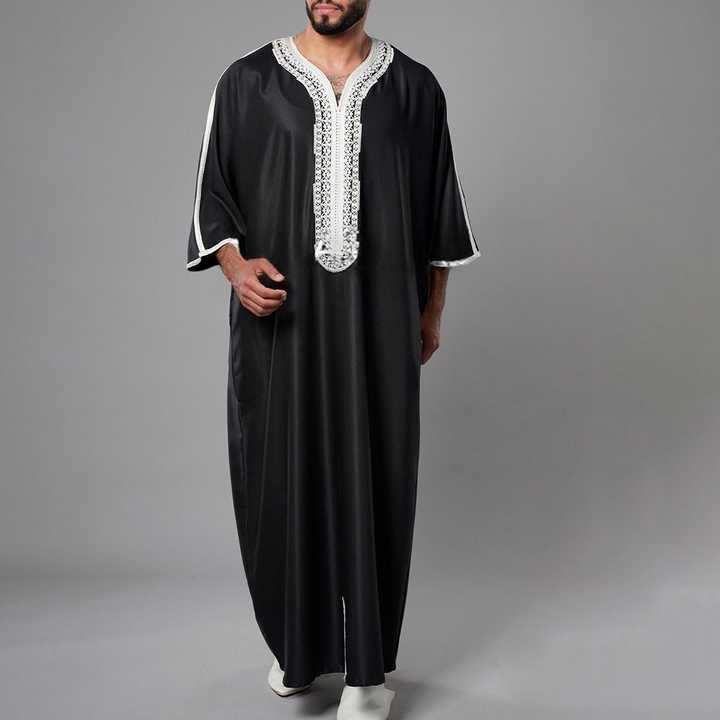 Moroccan Men Thobe Embroidery Robe With Short Sleeve Pockets Classic ...