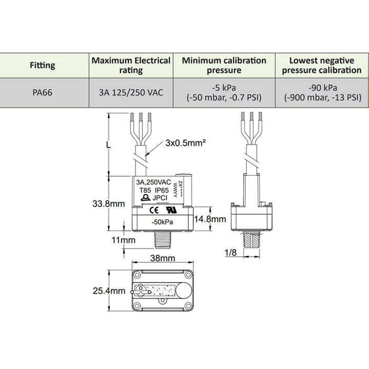 Ultimheat IP65 3A -90 KPa Snap Action Air Negative Pressure Switch for ...