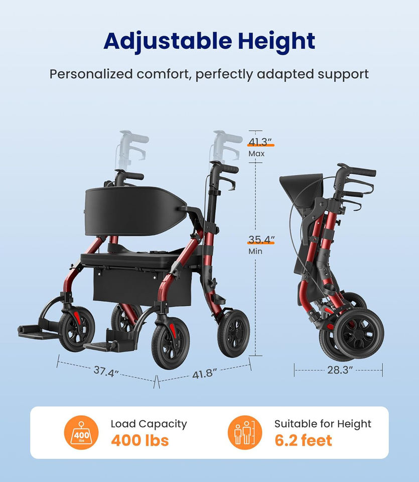 Premium Portable Rollator Walker With Seat Backrest and Basket ...