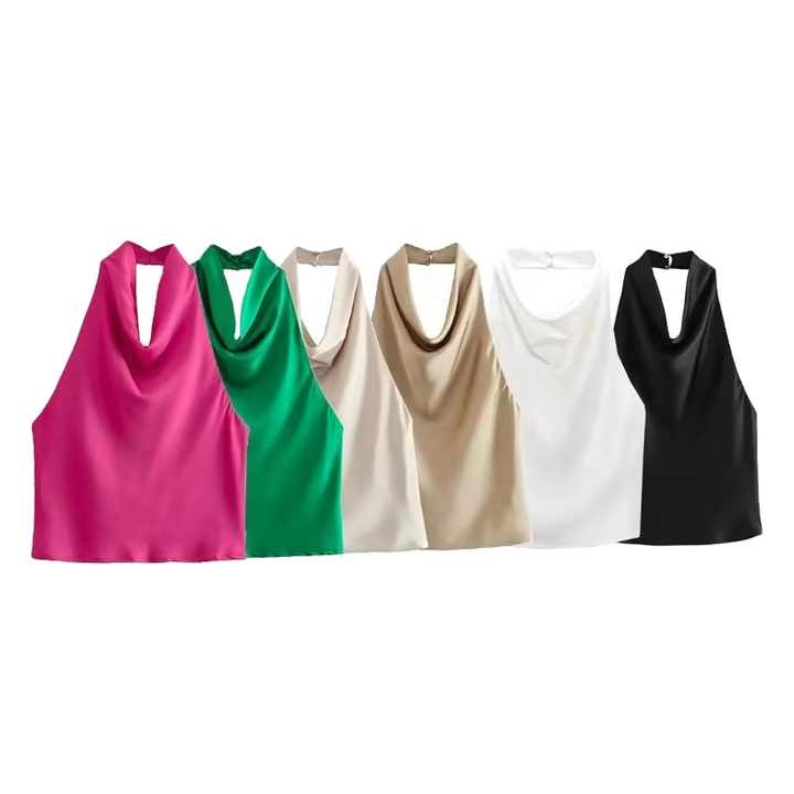 summer New Fashion Silk satin hanging neck top Vintage Backless Thin ...