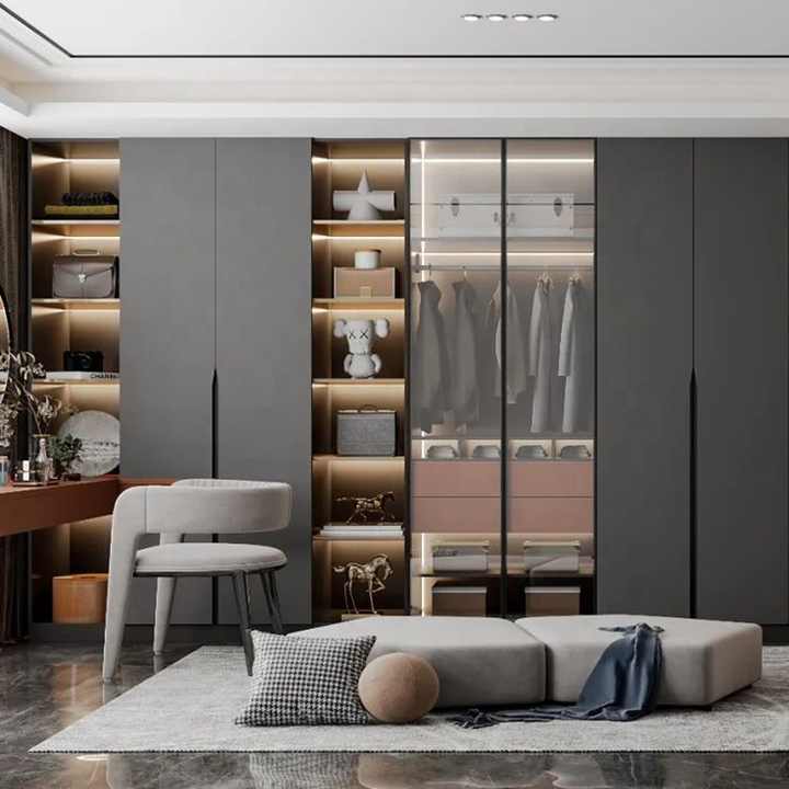 Modern Design Simple Gray Glass Walk in Closet Wardrobes