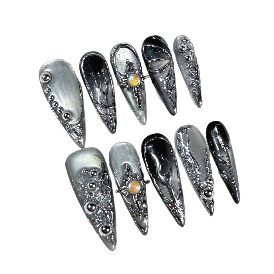 Handmade Black Grey Metallic Snake French Almond Press-On Nails Custom ...