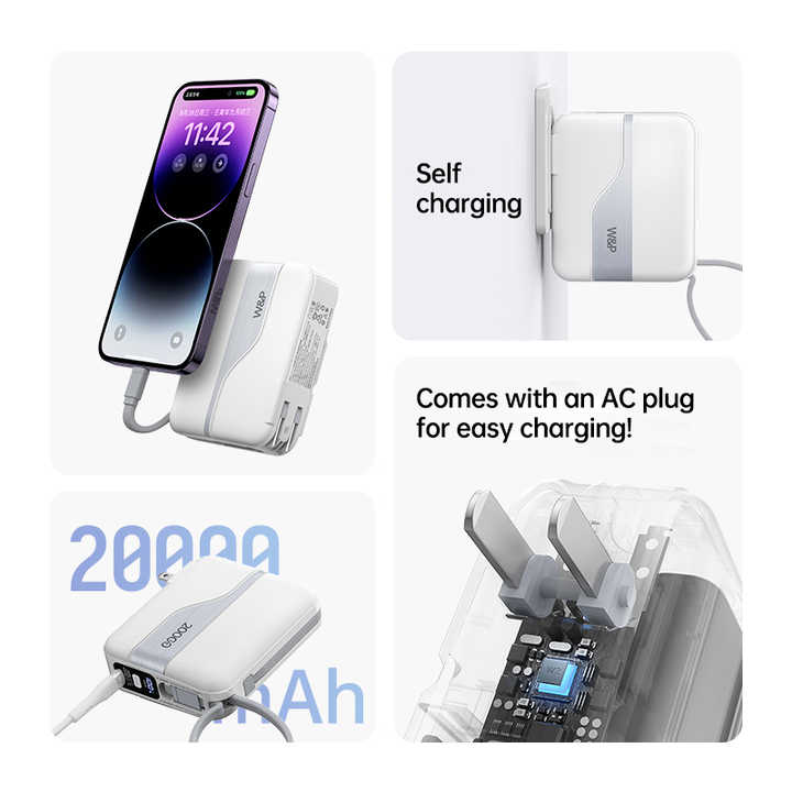 Wall Plug Power Bank with Built-in Cable 22.5W Fast Charger Power Bank ...