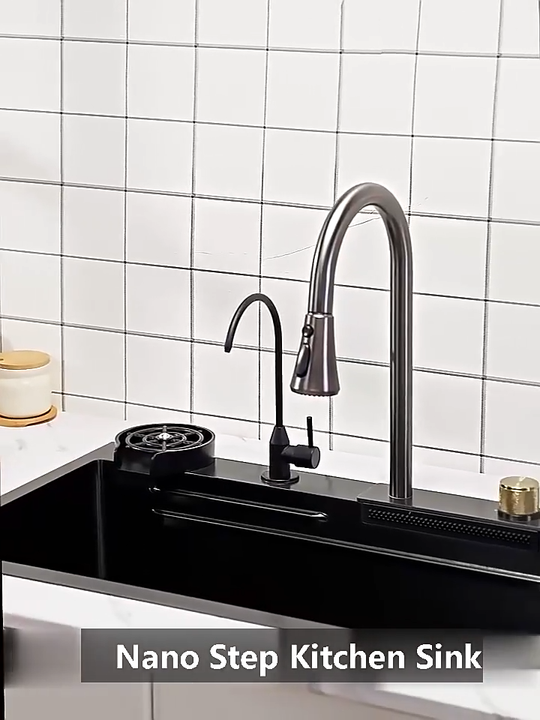 Kitchen Sink with Waterfall Faucet Stainless Steel Large Single Slot ...