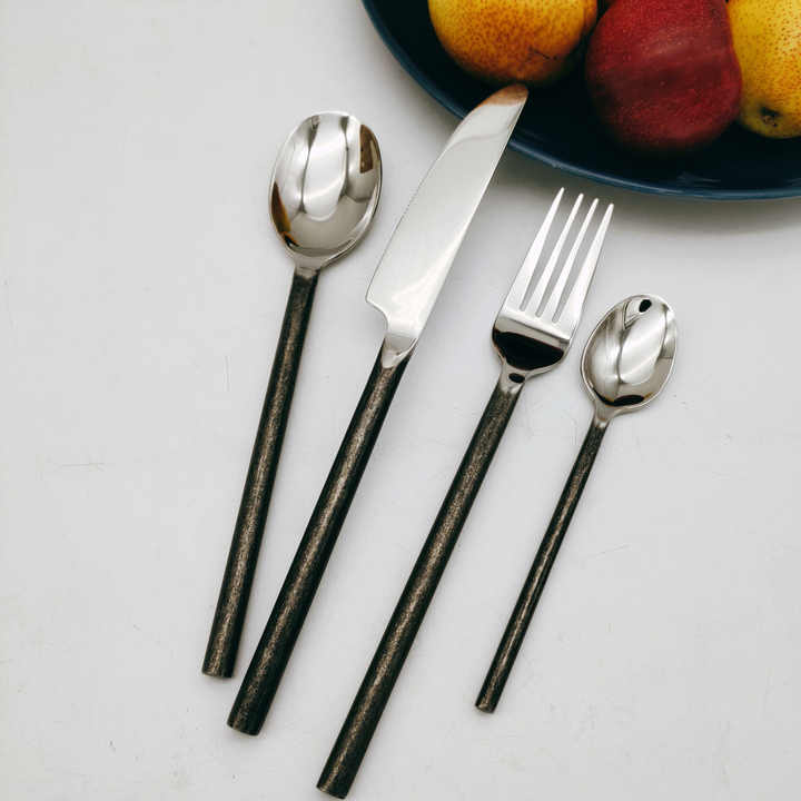 Round Handle with Oxide Burned Black Flatware Set Forged Heavy Luxury ...