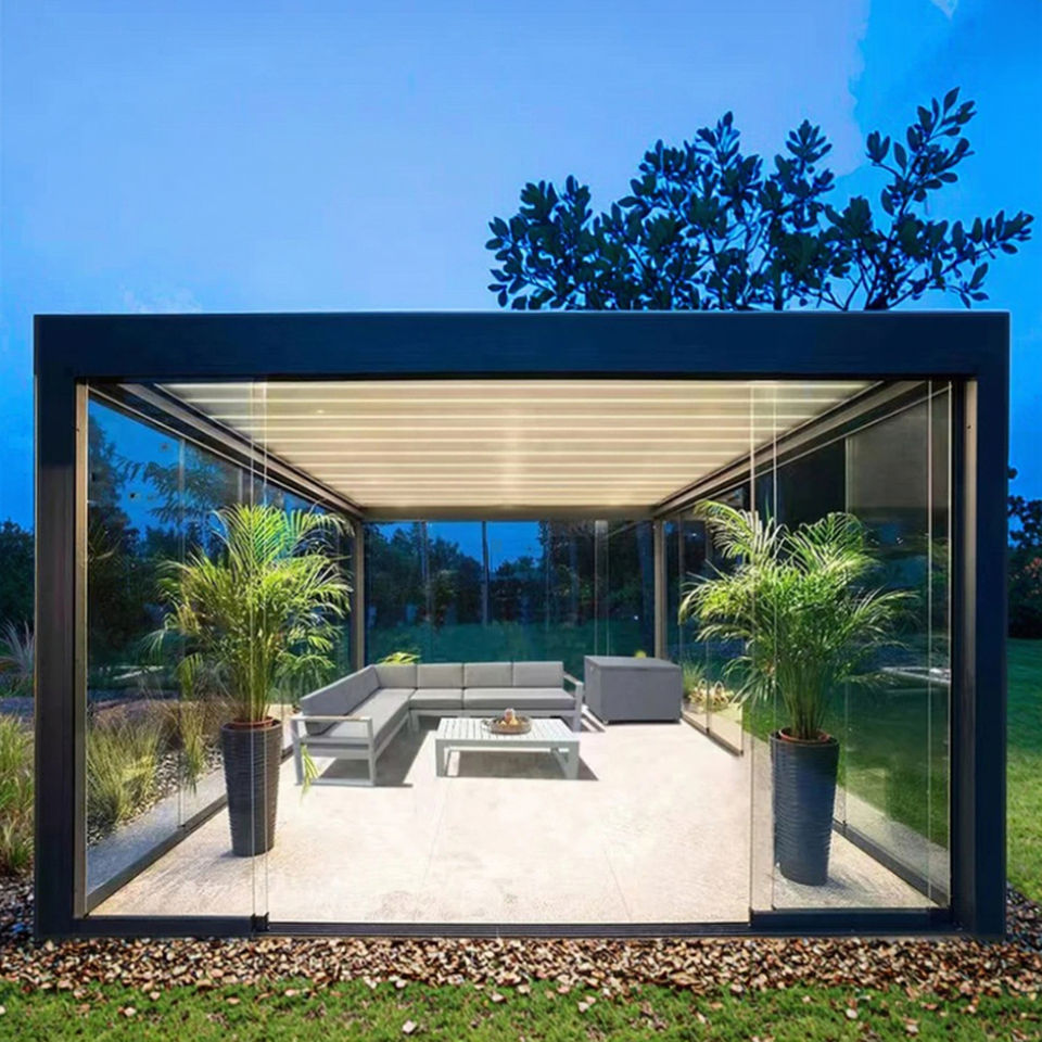 Modern Outdoor Pergola with Motorized Louvers Roof Waterproof Aluminum ...