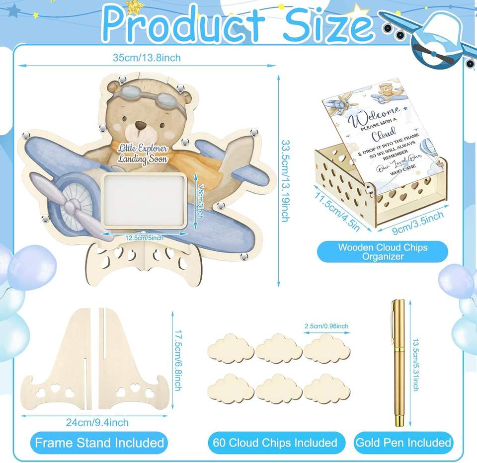 Airplane & Bear Theme Baby Shower & Birthday Guest Book Set with 60 ...