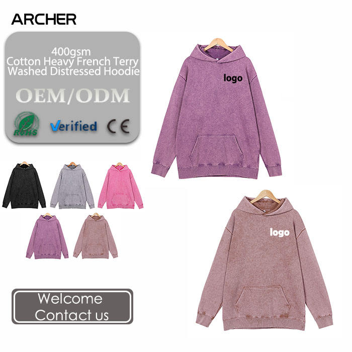 Fall Winter 400GSM Heavy French Terry Washed Distressed Hoodie Vintage ...