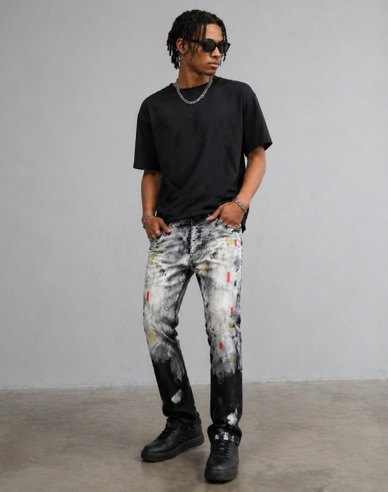 Custom Men Paint Splatter Jeans Black White Acid Wash Slim Fit ...