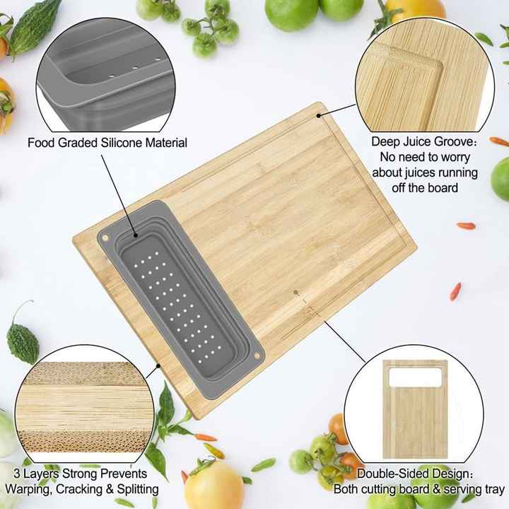 Expandable Bamboo Chopping Board With Collapsible Silicone Colander Extra Large Bamboo Over Sink ...