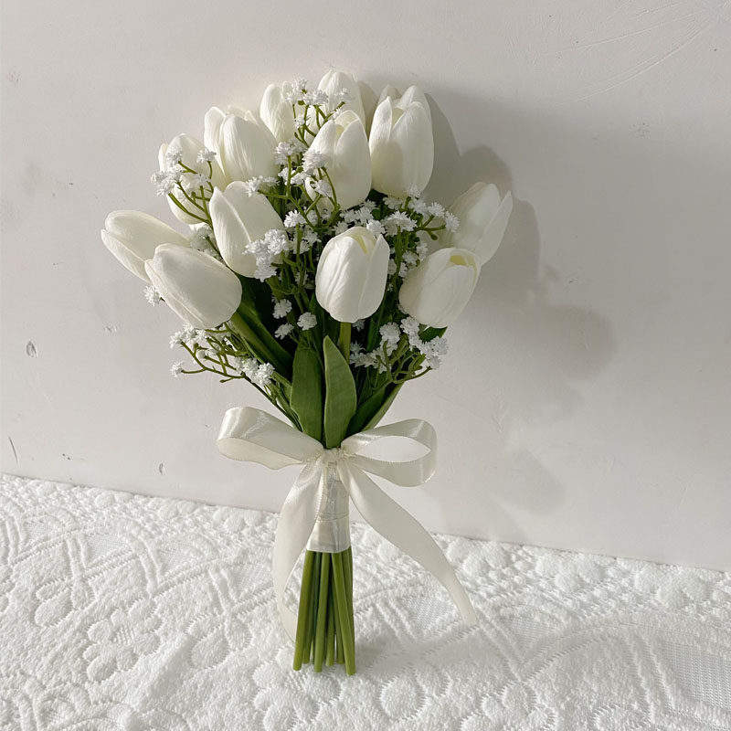 Simple Handmade Soft Bridal Flower Tulip Baby's Breath Silk Wedding ...