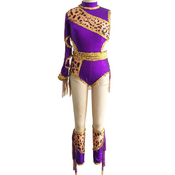 Purple Foil Leopard Print Dance Leotard with Jazz Sequins