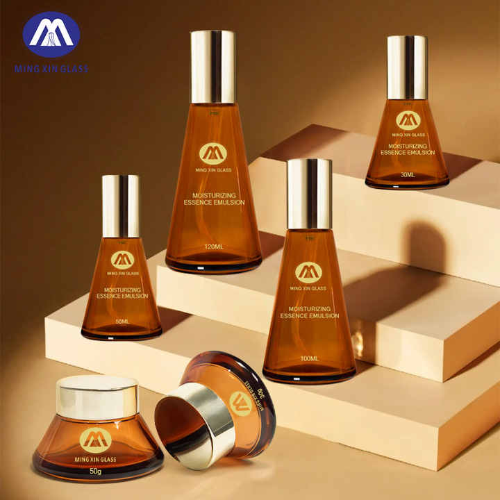 120Ml 100Ml 50Ml 30Ml Amber Conical Luxury Glass Lotion Bottles 30G 50G Cream Jars Cosmetic ...