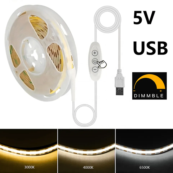 USB 5V Dimmer COB LED Strip Lights 1M 2M 3M Game Desk PC Decor 480LEDs ...