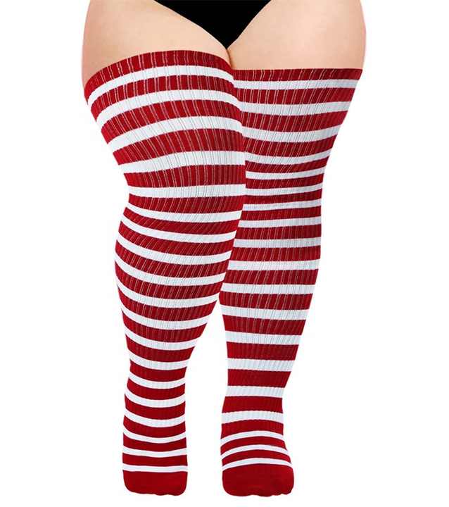 Extra Long Striped Knitted Thigh High Socks for Plus Size Women